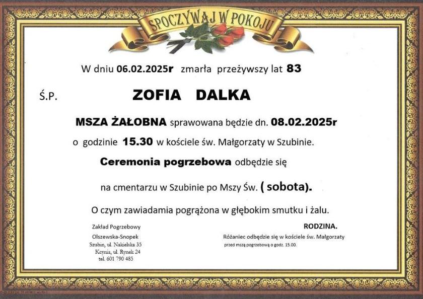 ŚP Zofia Dalka - nekrolog
