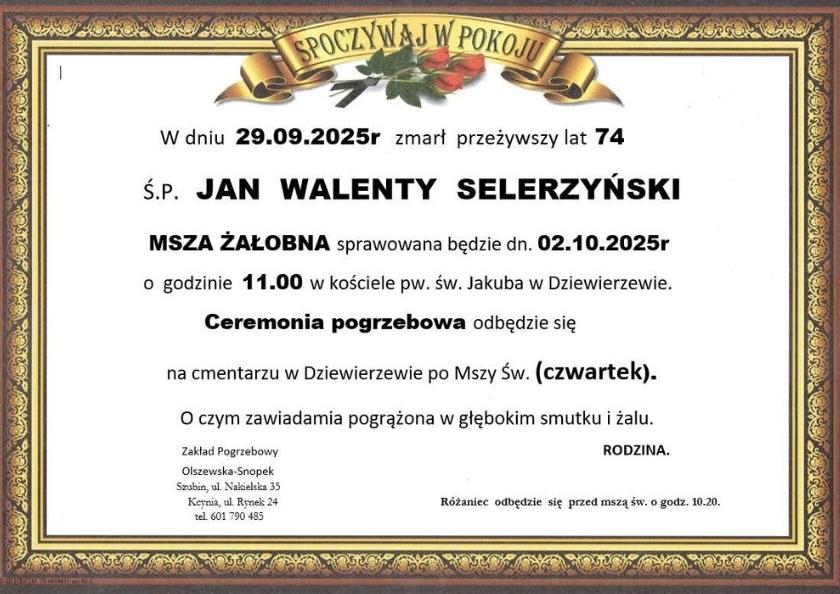 ŚP Jan Walenty Selerzyński - nekrolog