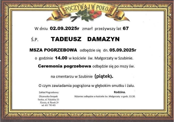 ŚP Tadeusz Damazyn - nekrolog